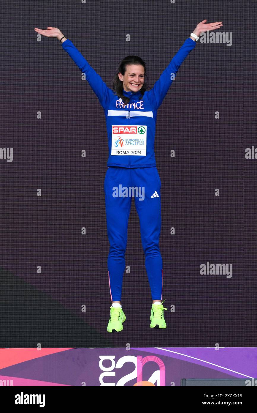 Alice Finot of France celebrates during the medal ceremony of the 3000m ...