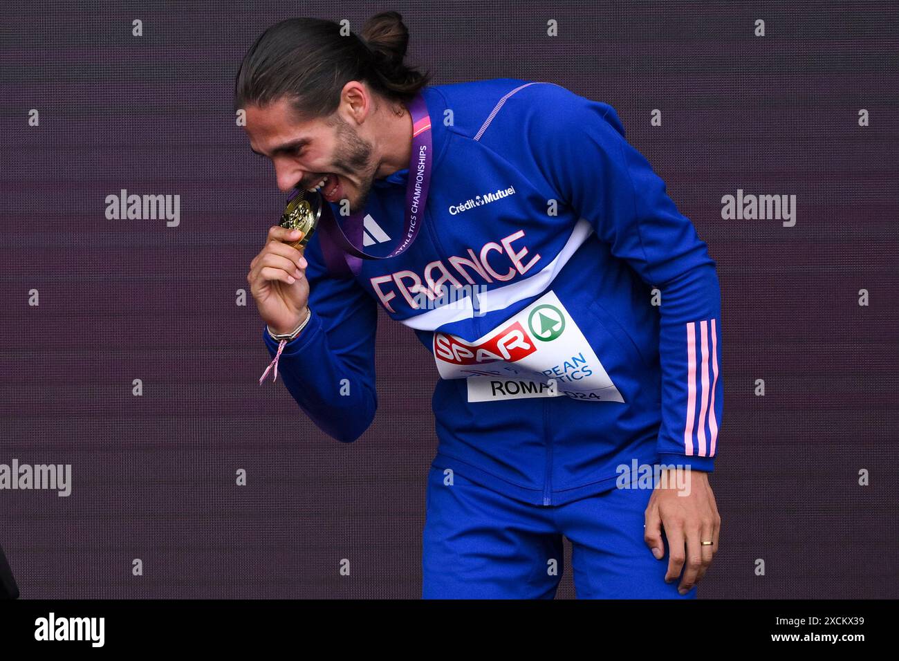 Gabriel Tual of France celebrates during the medal ceremony of the 800m ...