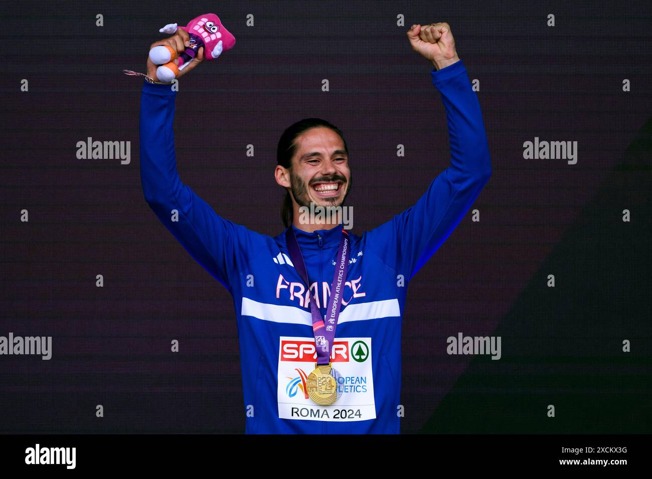 Gabriel Tual of France celebrates during the medal ceremony of the 800m ...