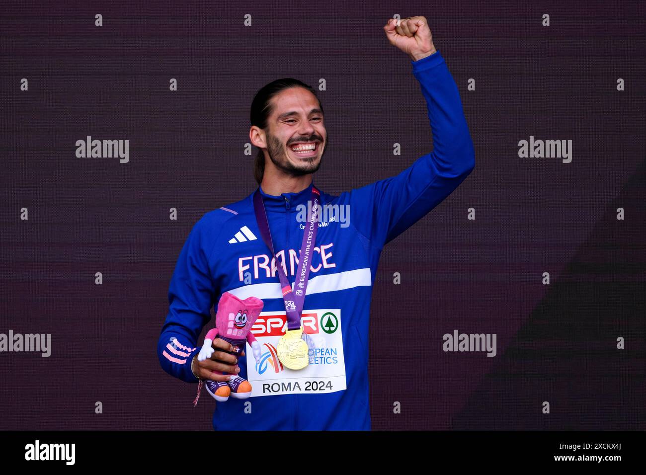 Gabriel Tual of France celebrates during the medal ceremony of the 800m ...