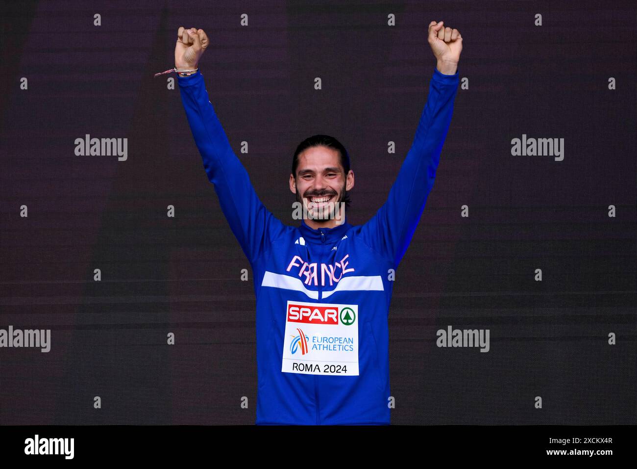 Gabriel Tual of France celebrates during the medal ceremony of the 800m ...