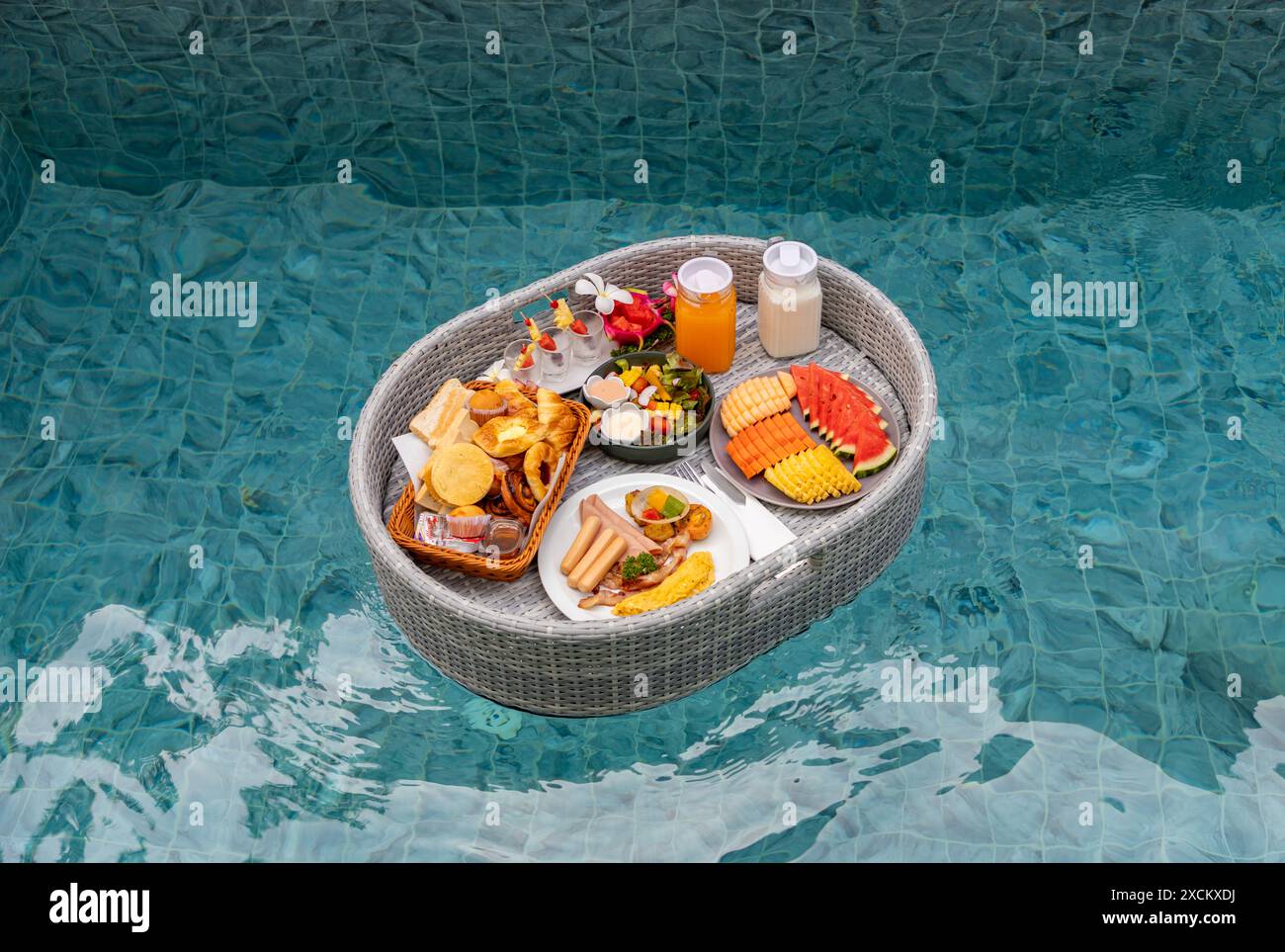 A picture of a colorful and varied breakfast being served on a floating ...