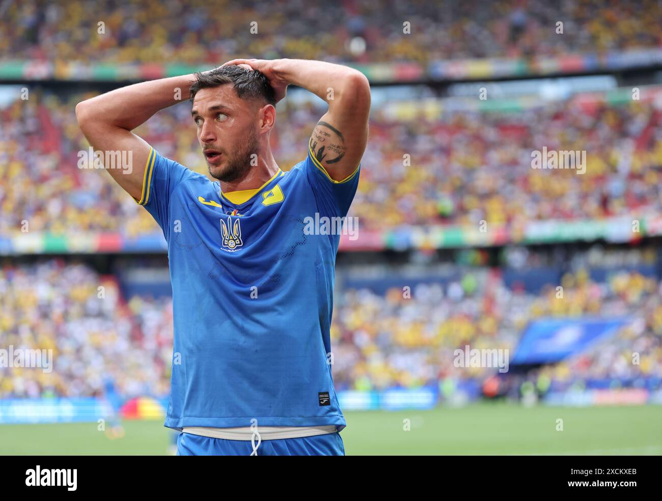 Munich, Germany. 17th Jun 2024. Roman Yaremchuk of Ukraine reacts after ...