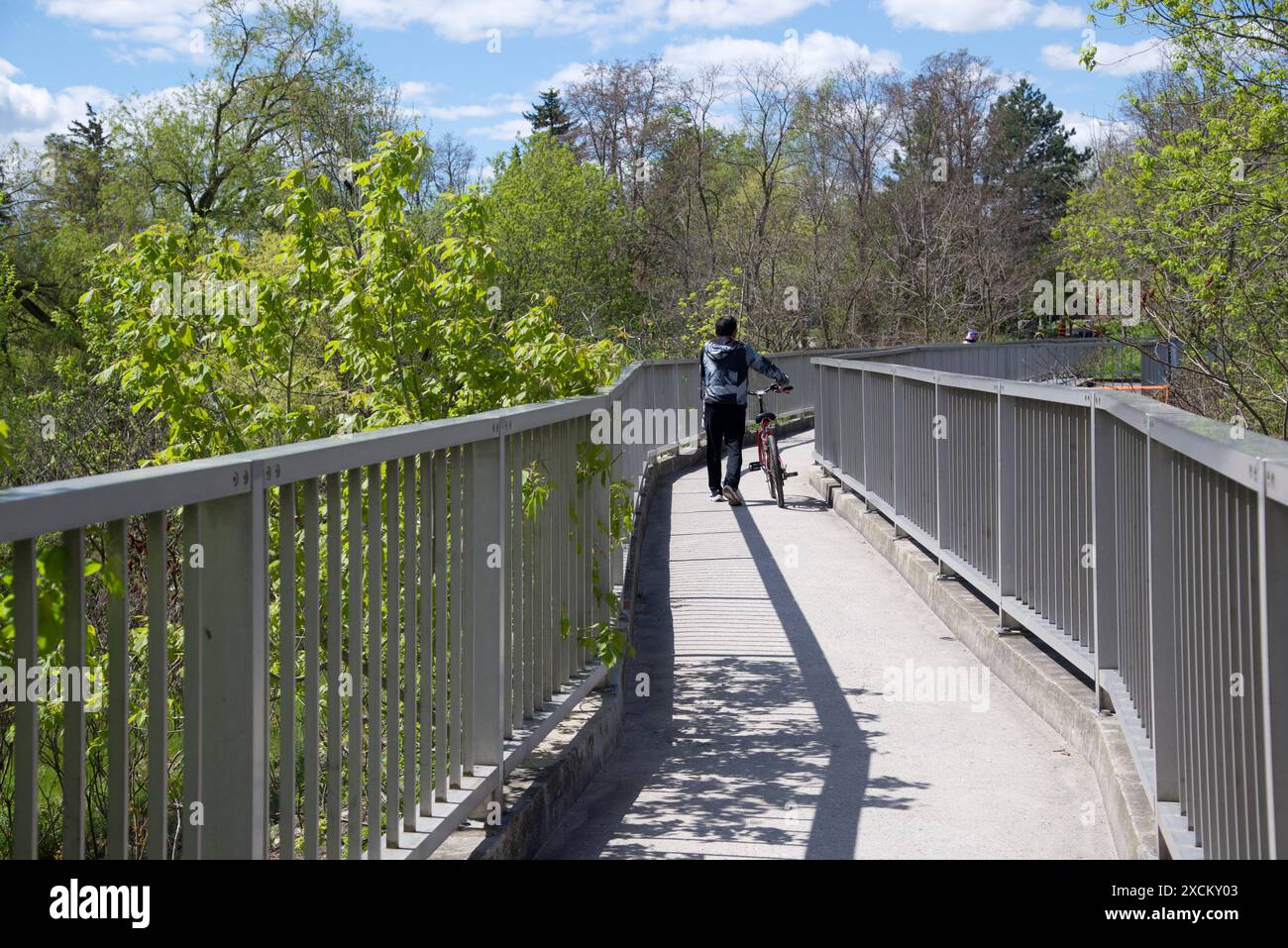 Man pushing a bicycle crossing the bridge Stock Photo - Alamy