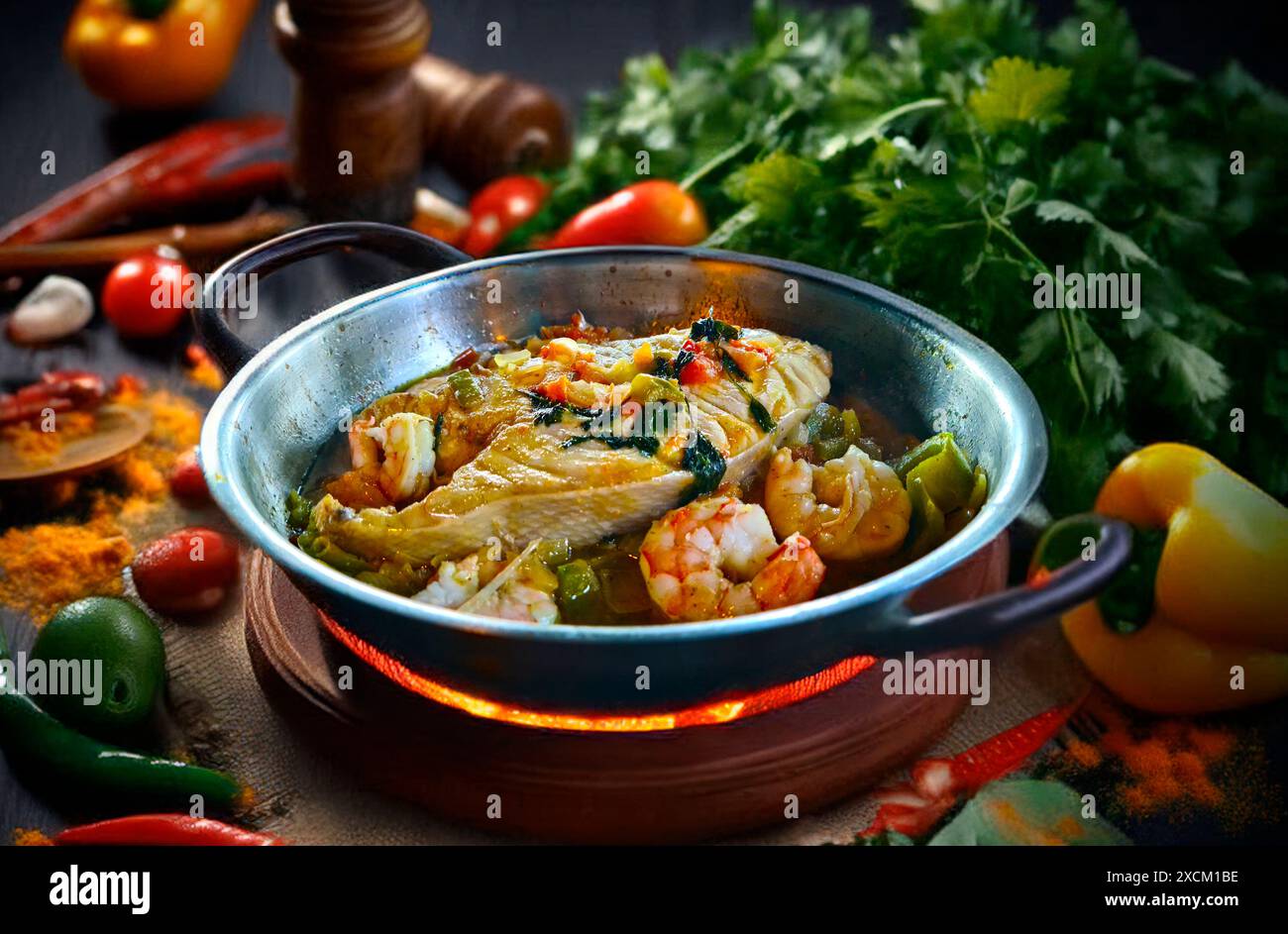 Moqueca, a traditional Brazilian dish with badejo fish and large shrimp ...