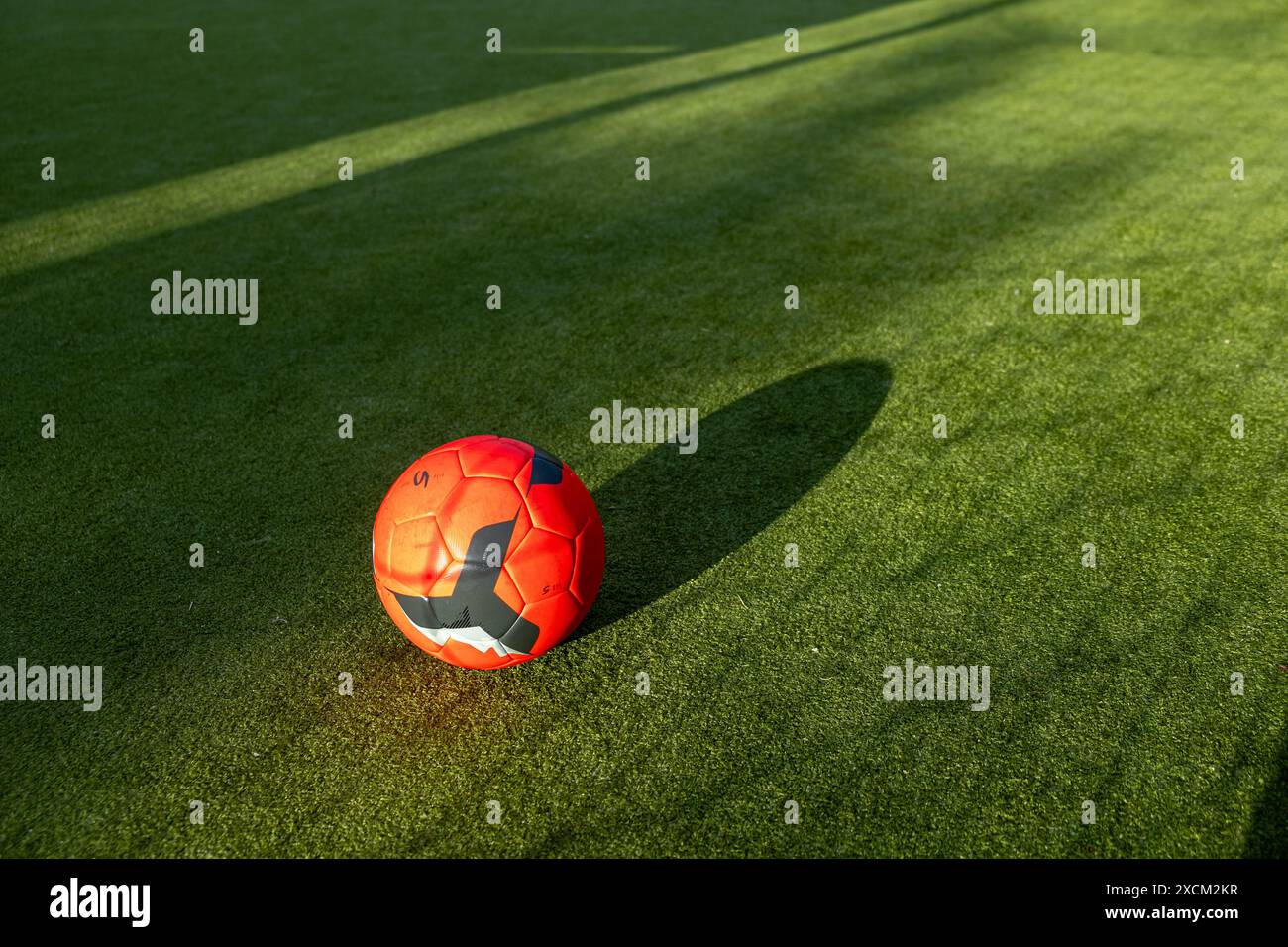 red soccer ball on a green soccer field at dawn Stock Photo - Alamy