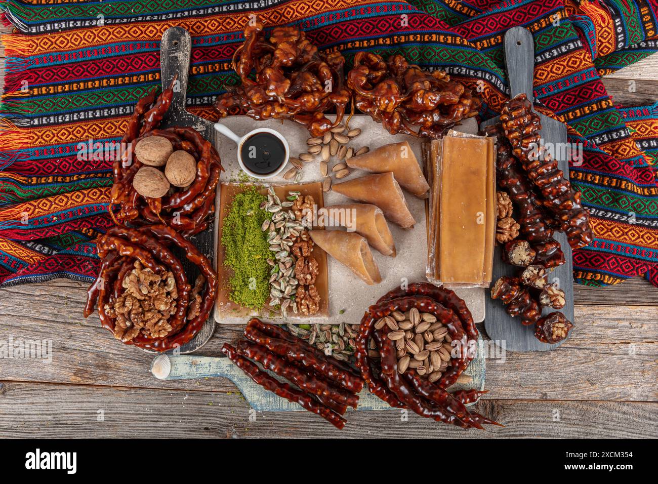 Turkish cuisine various snacks. Walnut sausage, pistachio sausage and ...