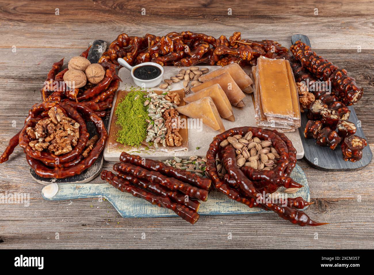 Turkish cuisine various snacks. Walnut sausage, pistachio sausage and ...