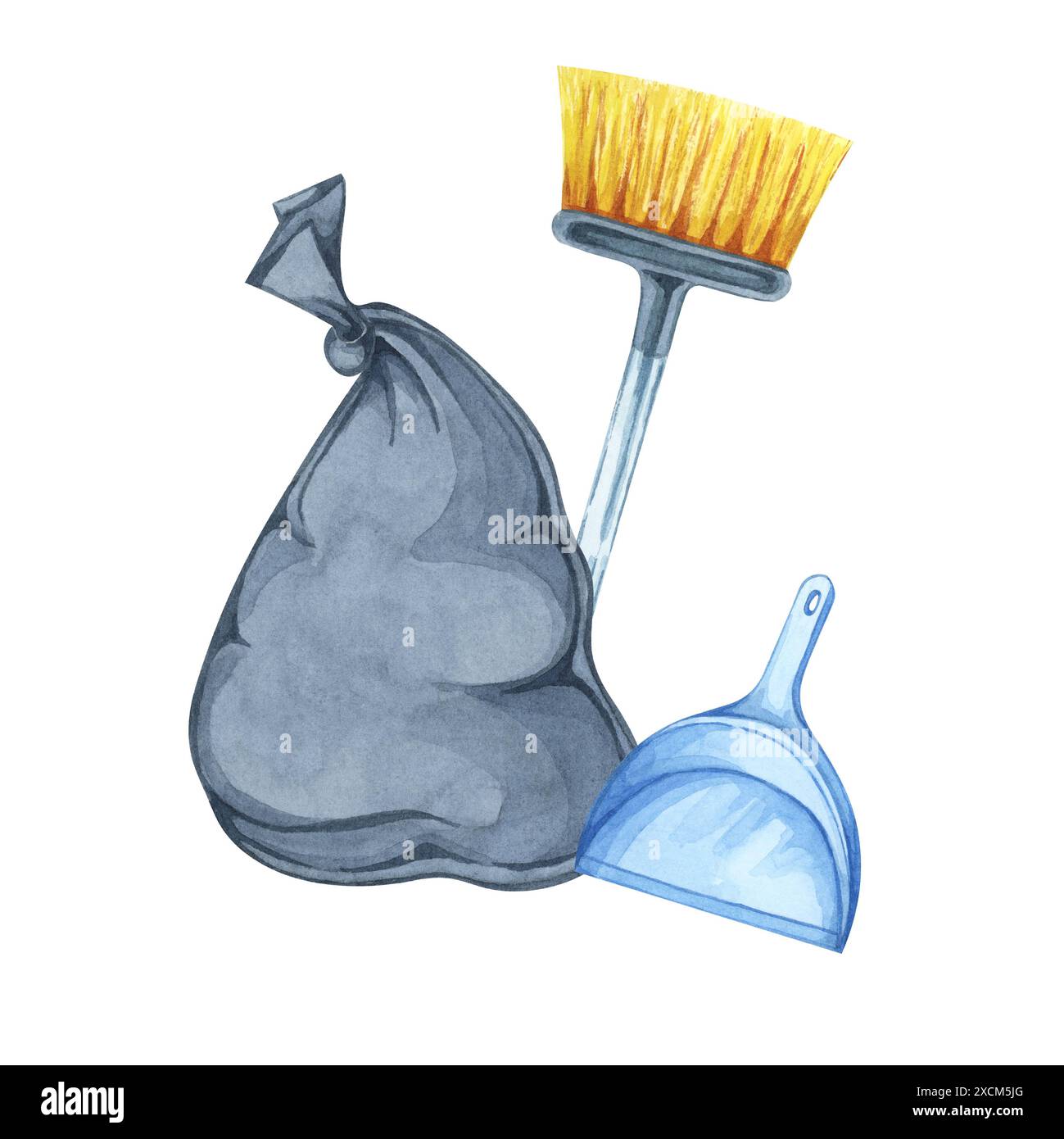 Black trash bag, blue dustpan and sweeping floor brush or broom ...