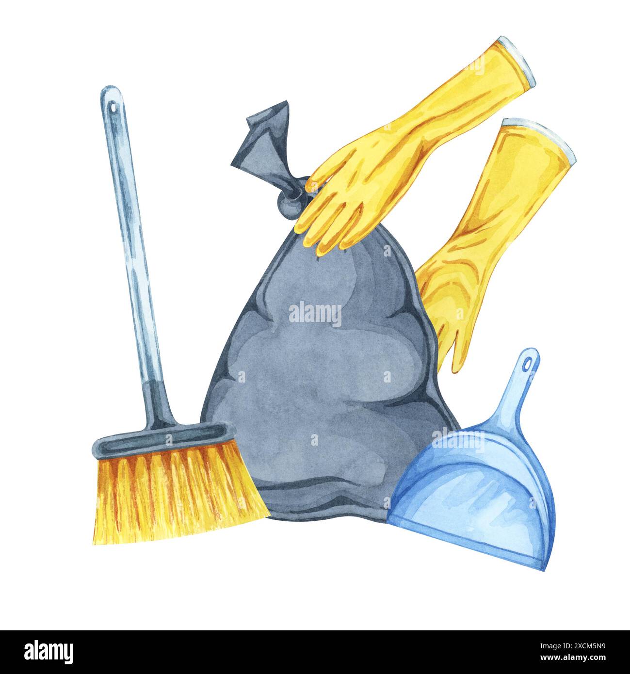 Black trash bag, dustpan, broom and hands in yellow rubber gloves ...
