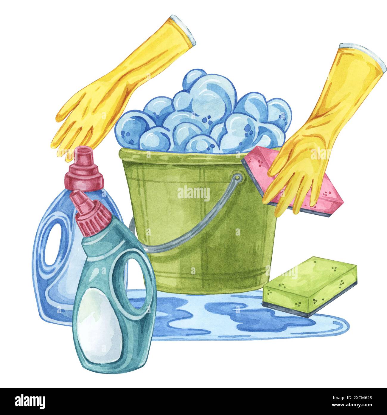 Bucket, rubber gloves, cleaning solution or detergent bottle ...