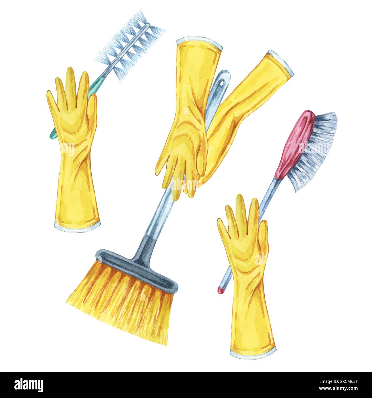 Set of hands in rubber gloves holding broom and dusting and scrubbing ...