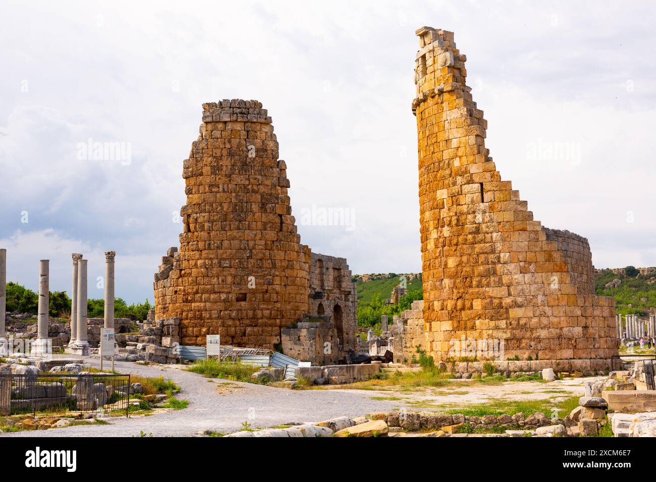 Stone remains of Hellenistic city gate in ancient Perge, Turkey Stock ...