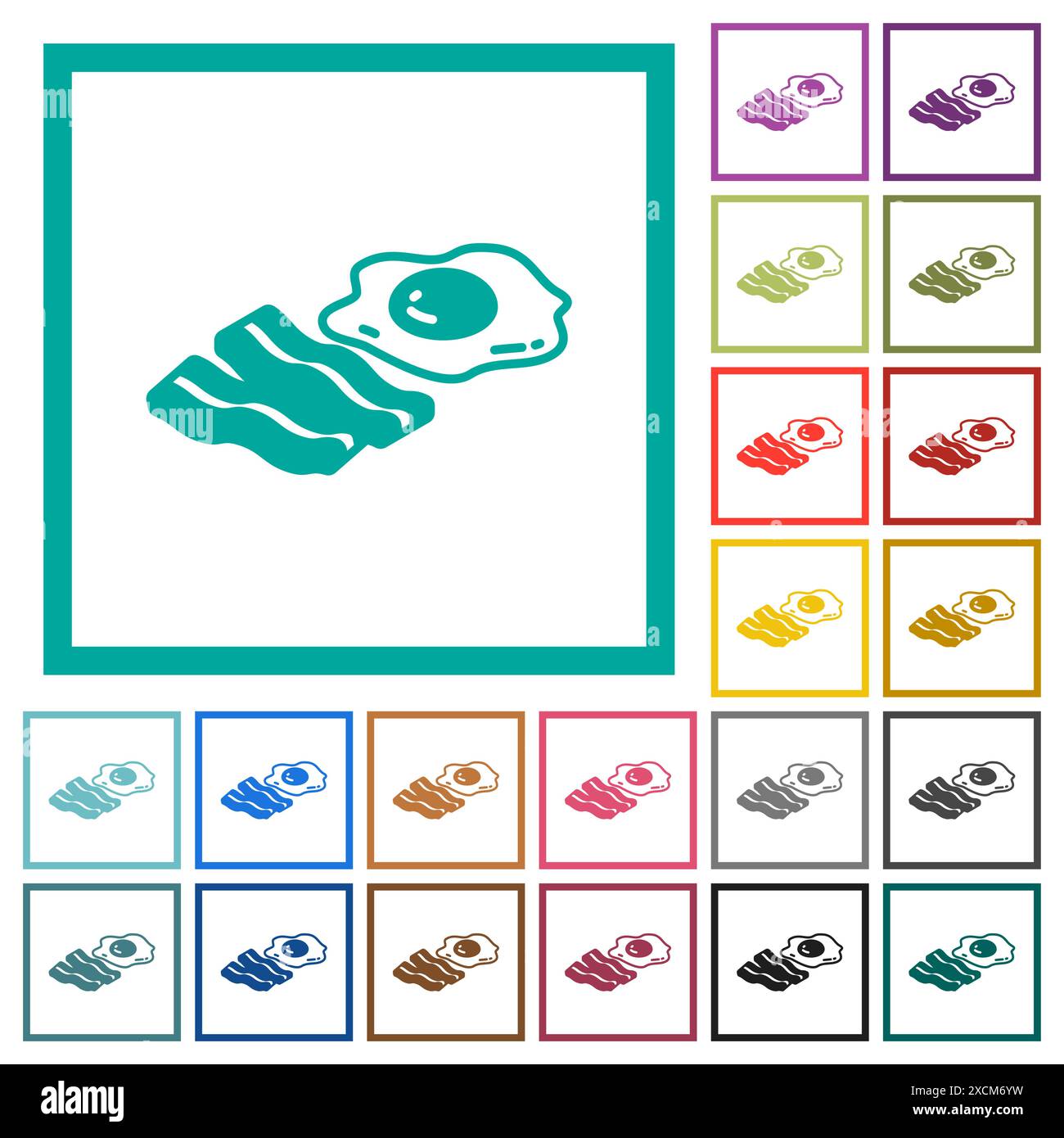 Egg and bacon flat color icons with quadrant frames on white background ...