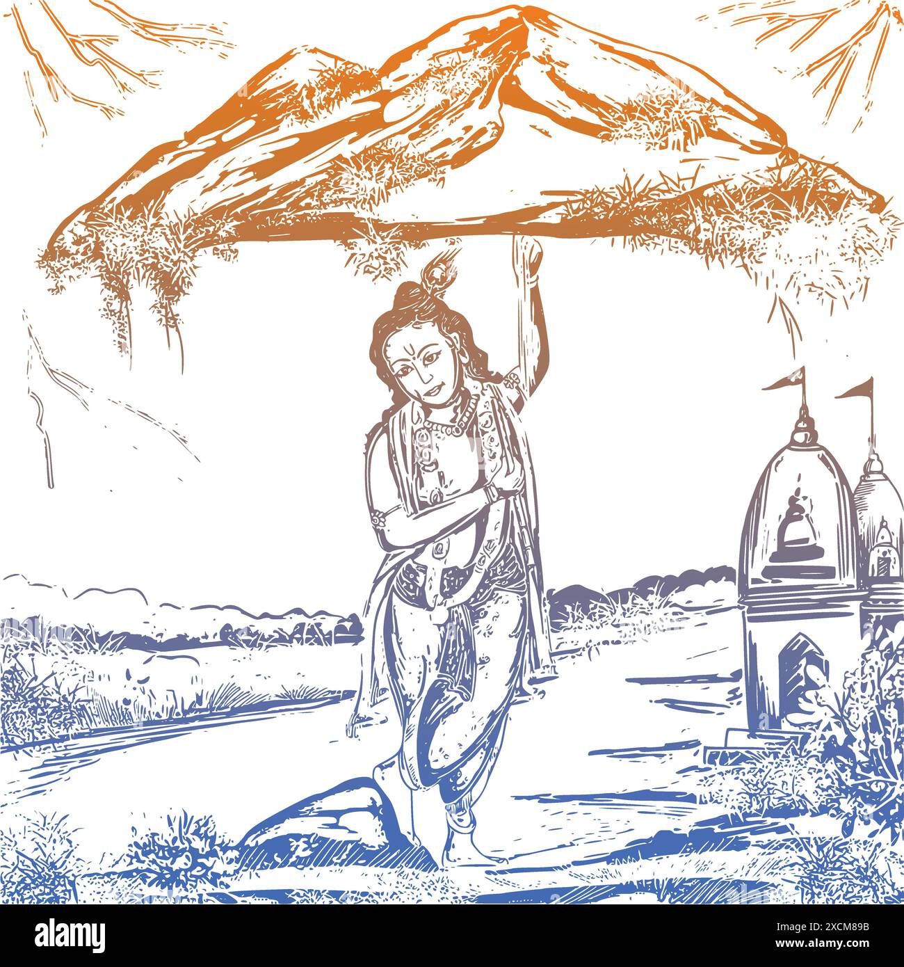 Govardhan puja with lord krishna hand draw sketch card background Stock ...