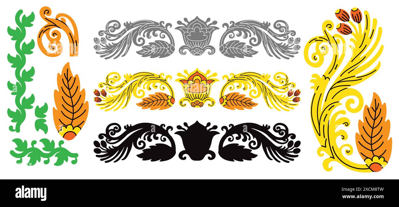 Set of isolated ornamental floral elements flowers and leaves. Vector ...