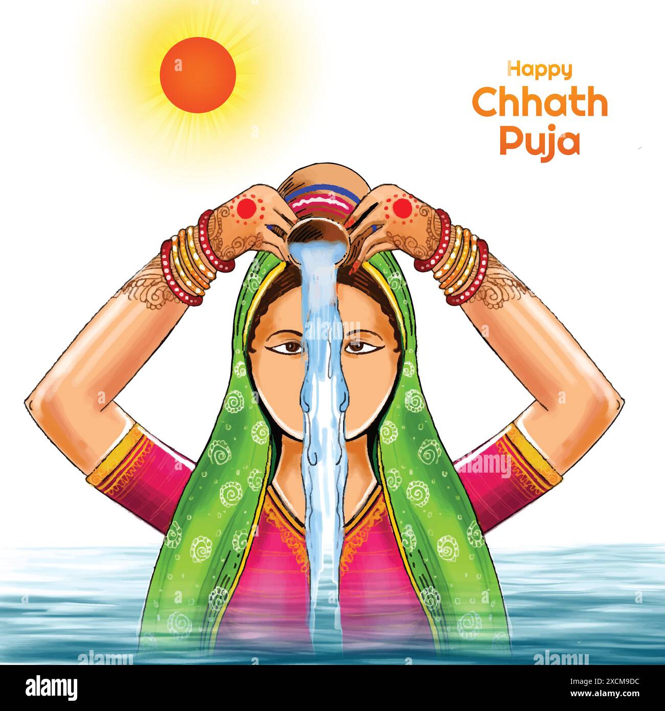 Indian women for happy chhath puja with background and sun Stock Vector ...