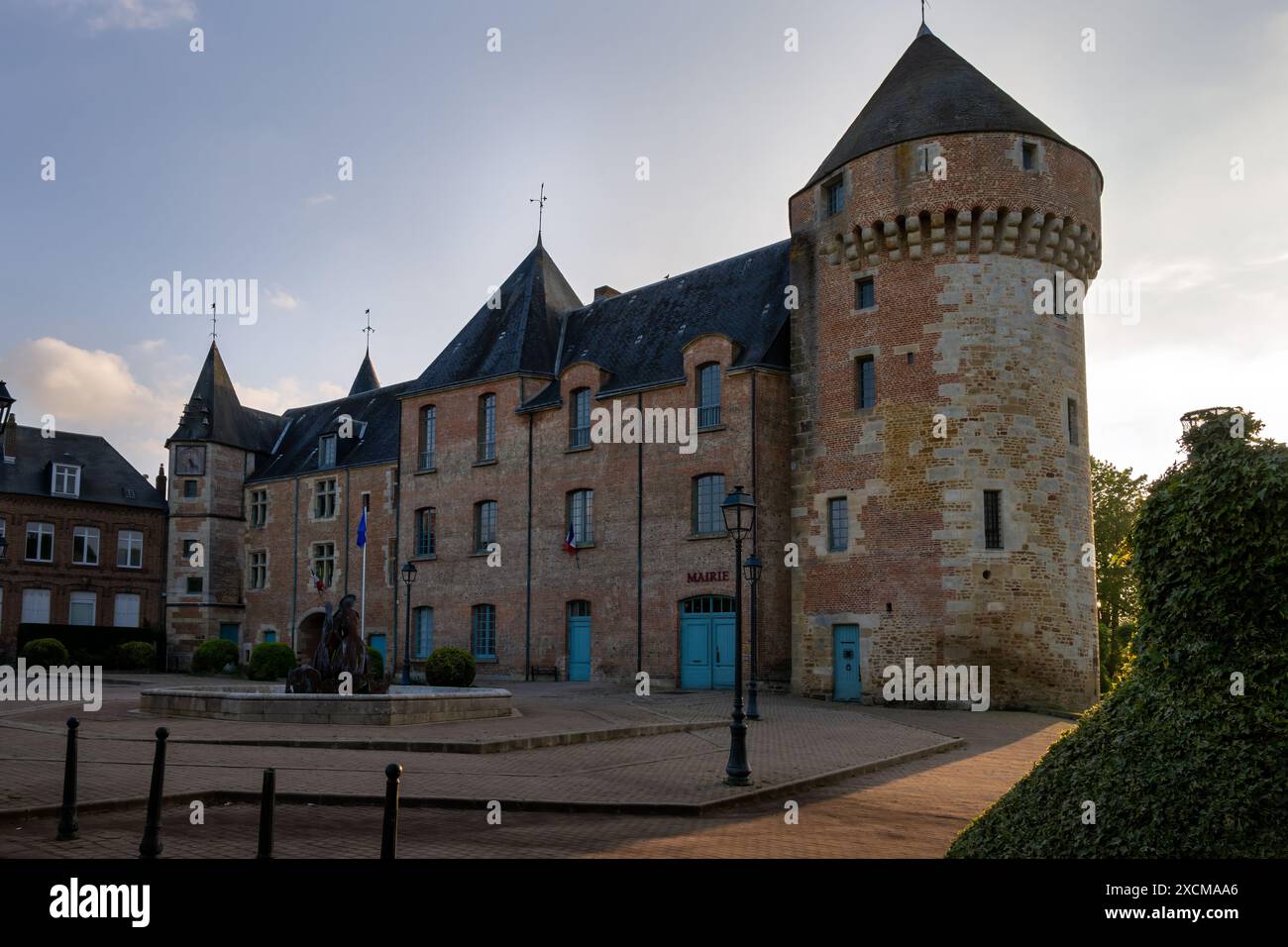 Town hall of Gacé, in the medieval castel, on a spring evening, Orne ...
