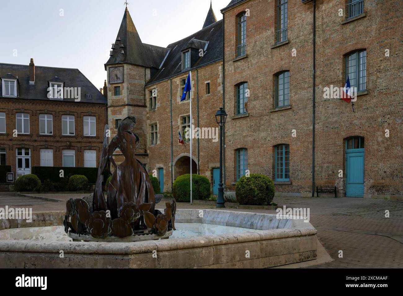 Town hall of Gacé, in the medieval castel, on a spring evening, Orne ...