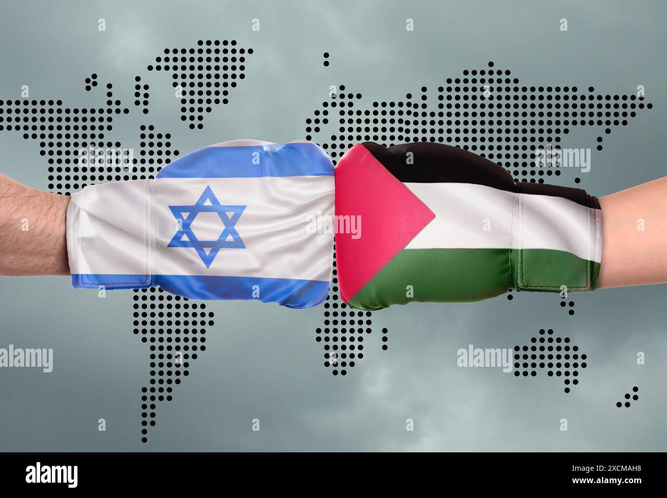 Political conflict. Men in boxing gloves with flags of Israel and ...