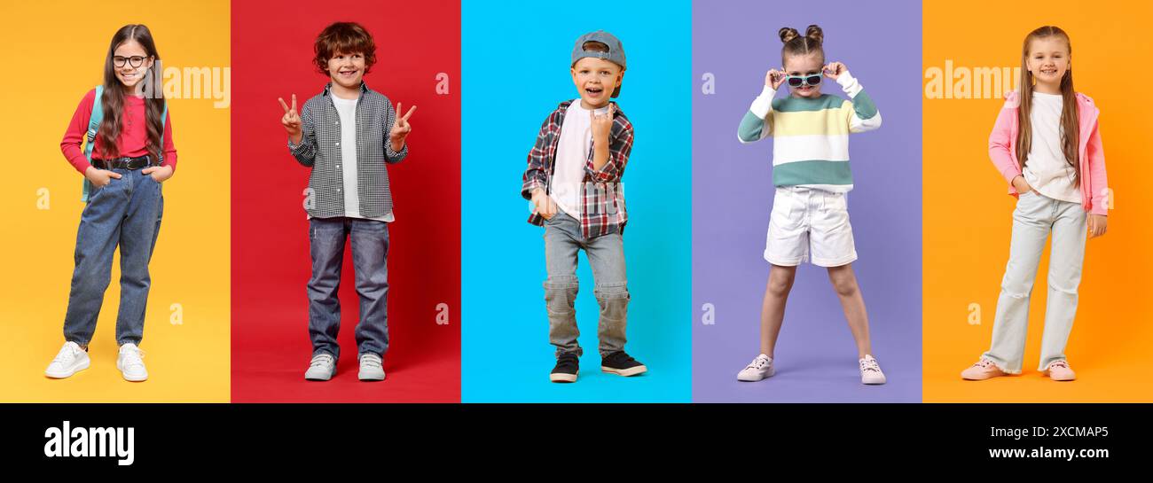 Adorable children on different color backgrounds. Collage of photos ...