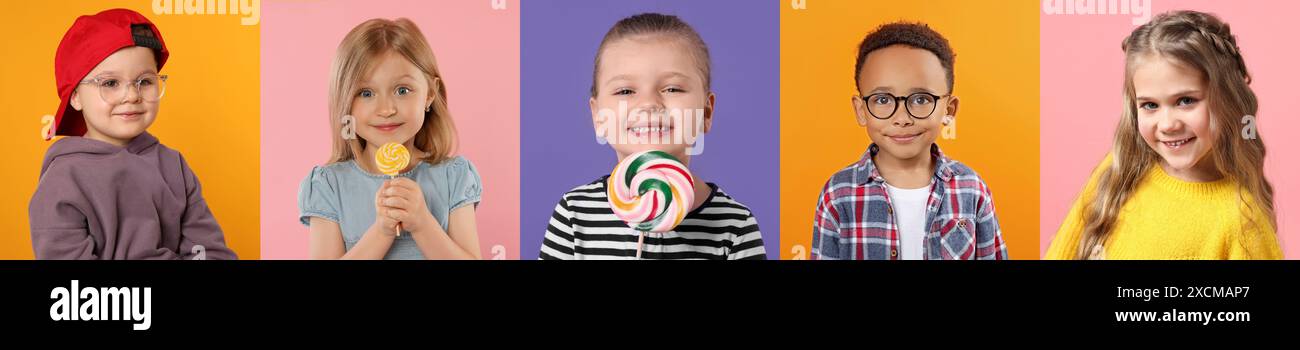 Adorable children on different color backgrounds. Collage of photos ...