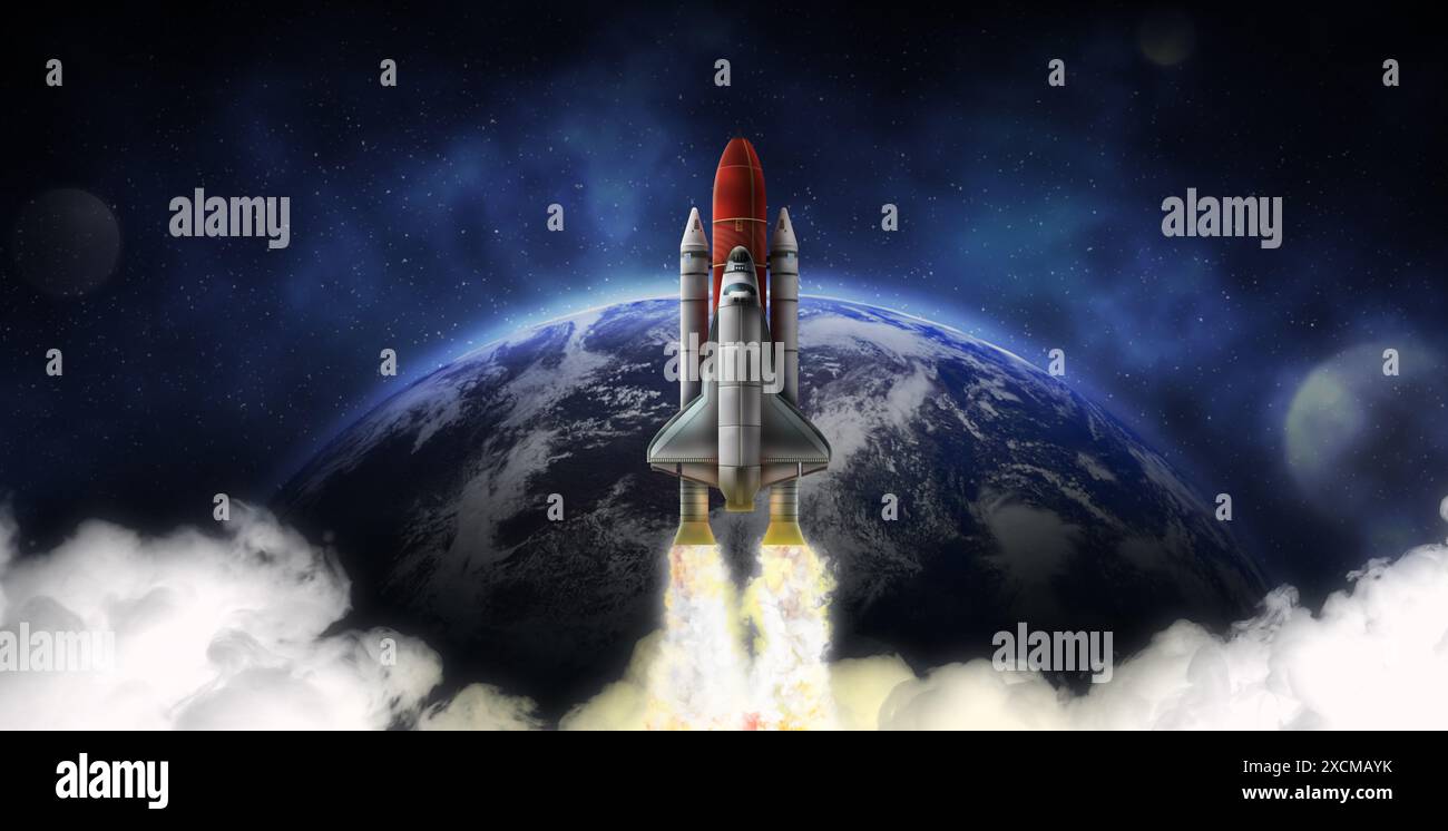 Rocket in space on orbit of planet, banner design Stock Photo - Alamy