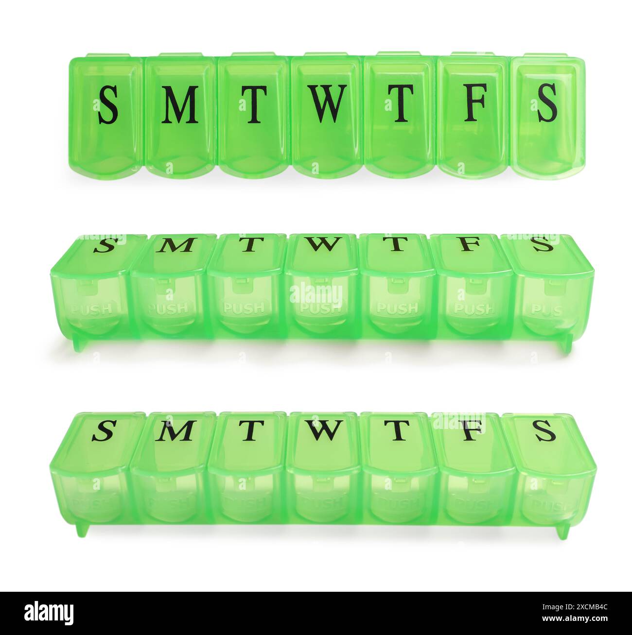 Green pill organizer isolated on white, views from different angles ...