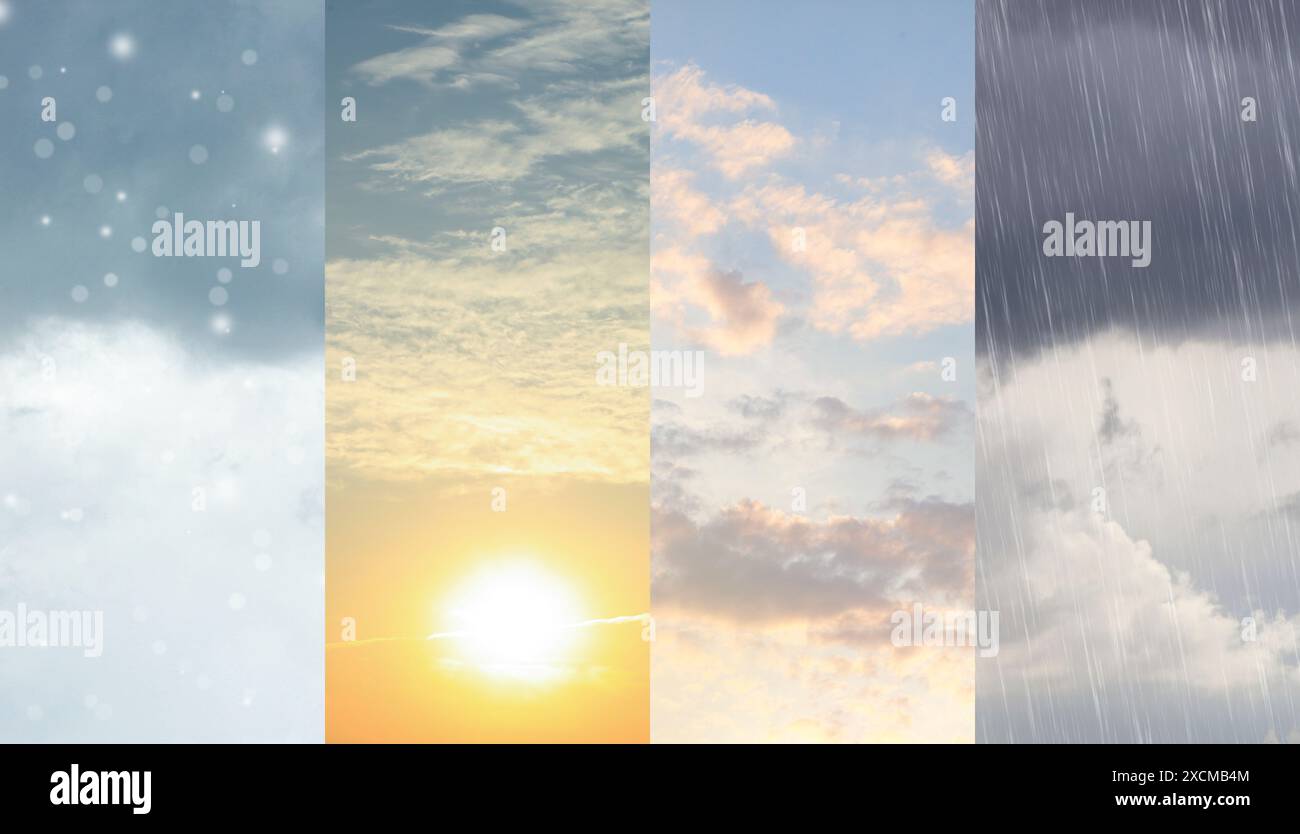 Different weather conditions due to season changing. Collage with ...
