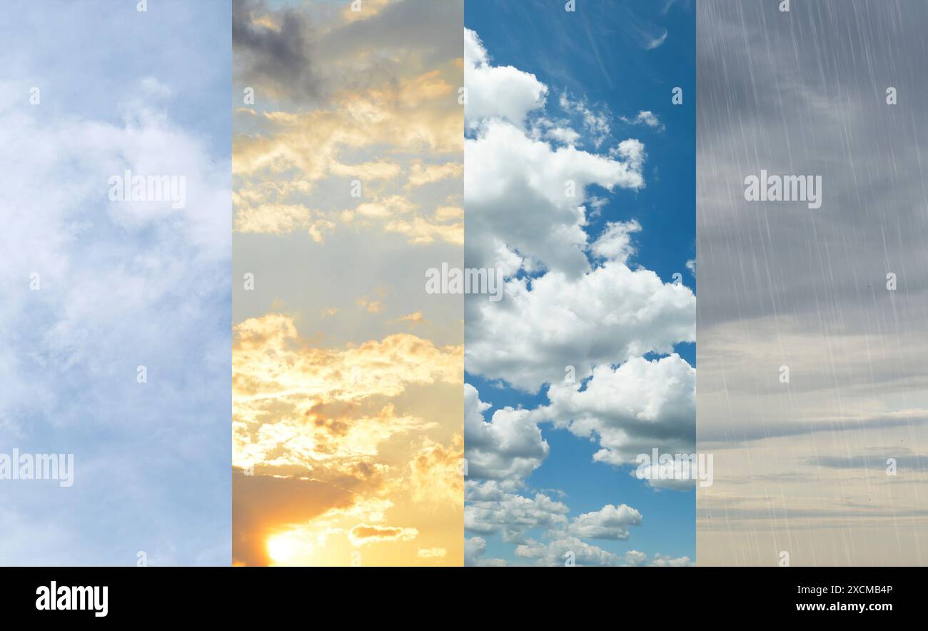 Different weather conditions due to season changing. Collage with ...