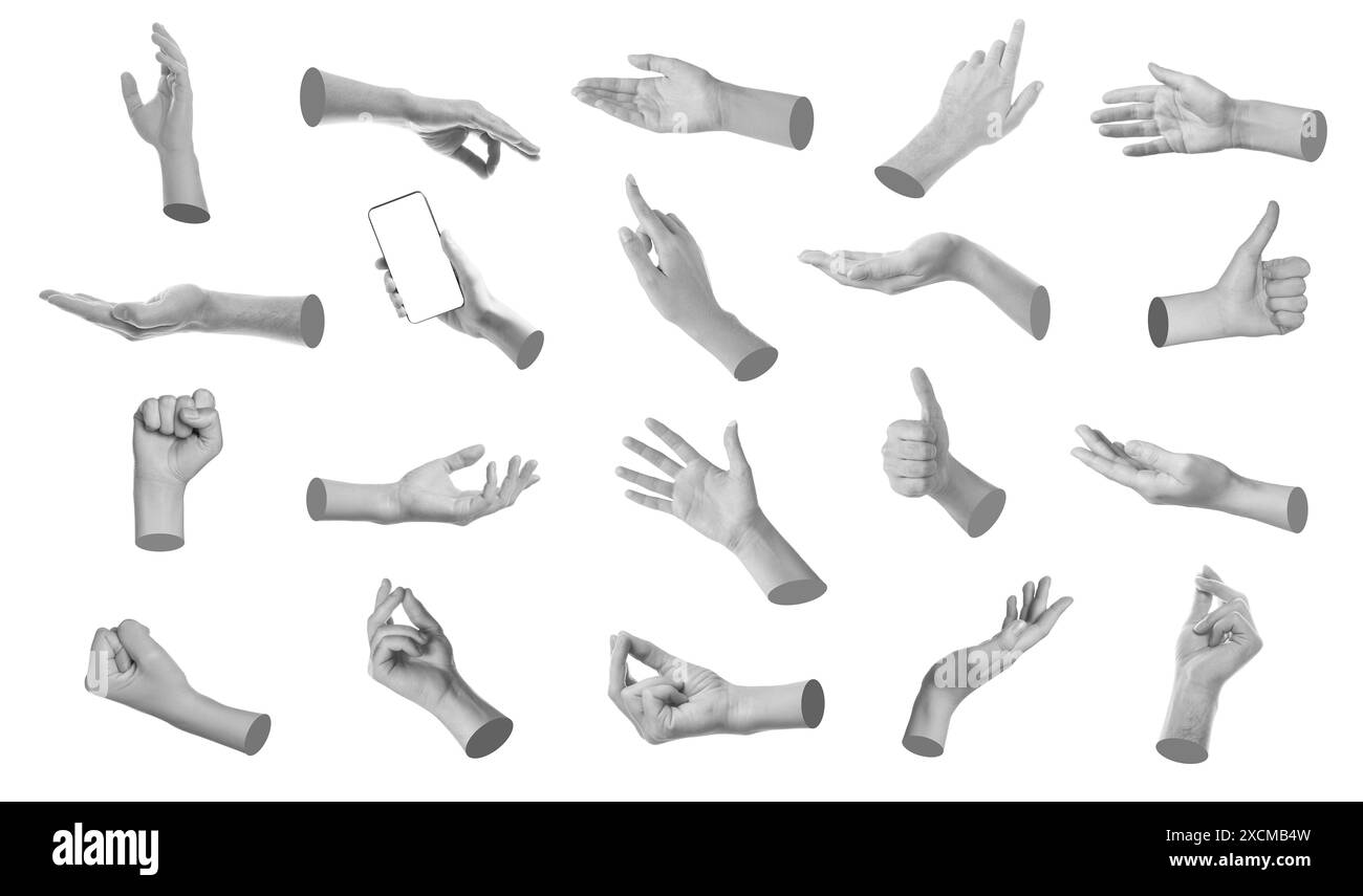 Set of different hand gestures isolated on white, black and white Stock ...