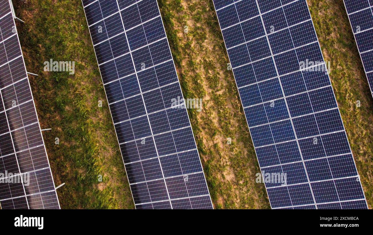 Solar panels installed in rows with grass background Stock Photo - Alamy