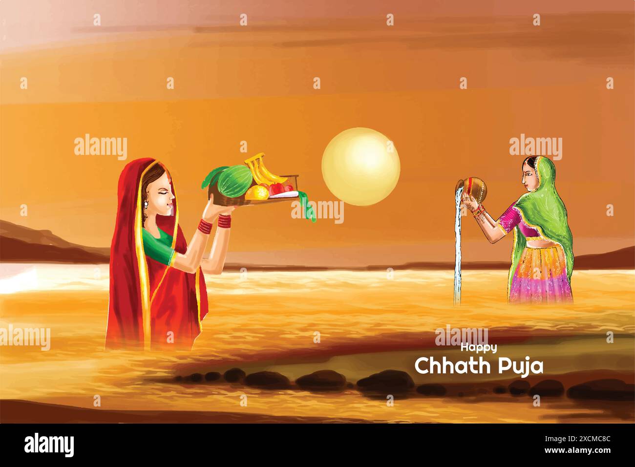 Ladys offering chhath pooja to sun god in traditional festival ...