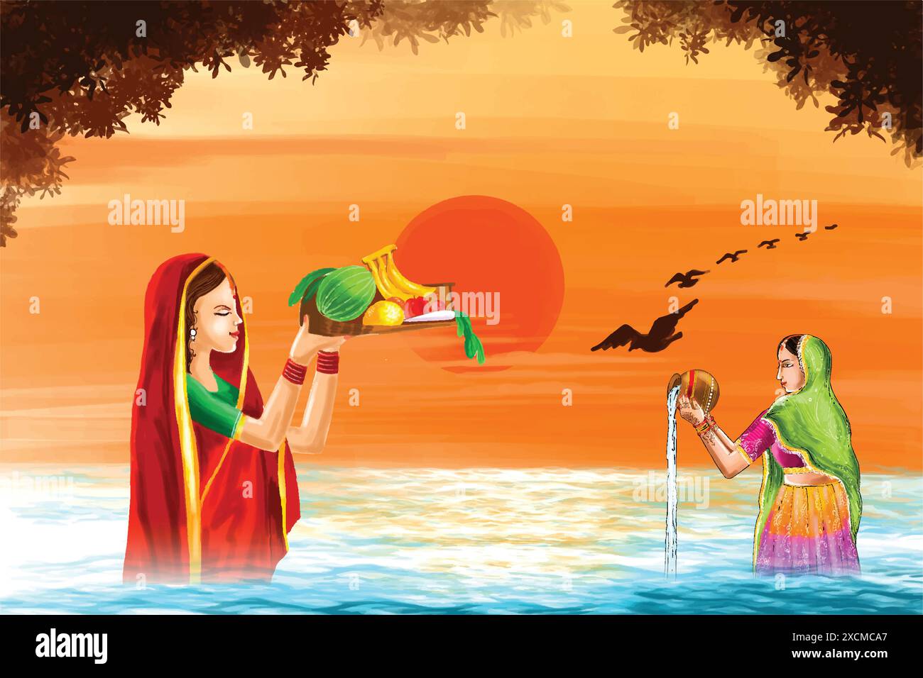 Ladys offering chhath pooja to sun god in traditional festival ...