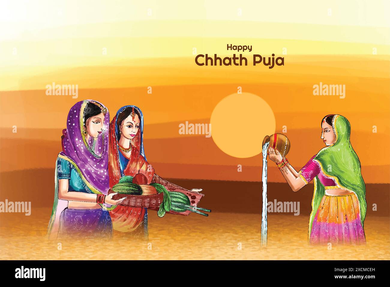 Happy chhath puja holiday landscape background for sun festival of ...