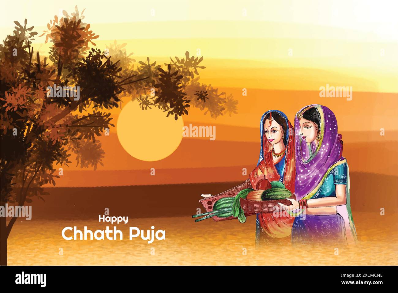 Happy chhath puja holiday card for sun festival of india landscape ...