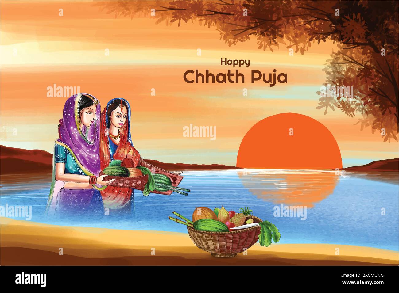 Happy chhath puja holiday card for sun festival of india landscape ...