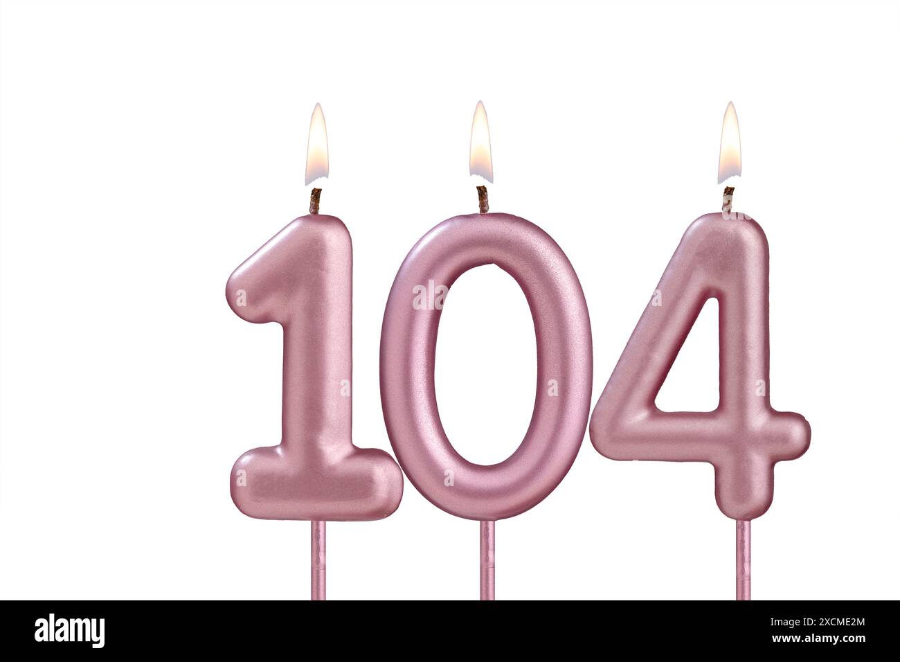 Lit birthday candle - Candle number 104 on white background Stock Photo ...