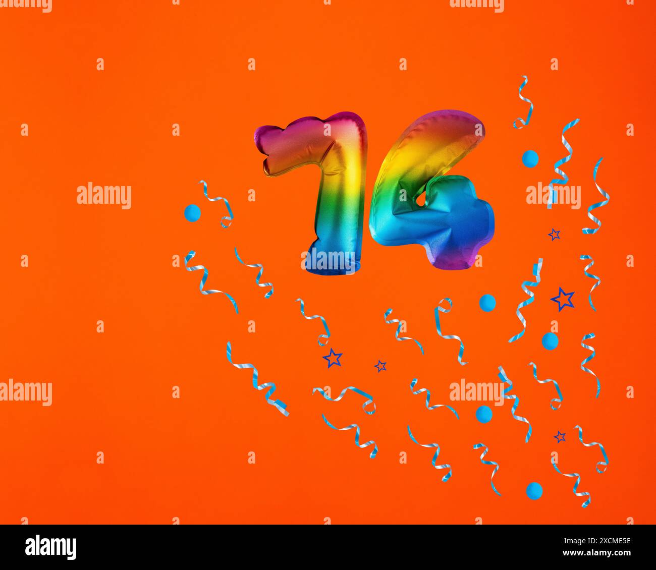 Multicolor balloon number 74 - Confetti explosion on orange background ...