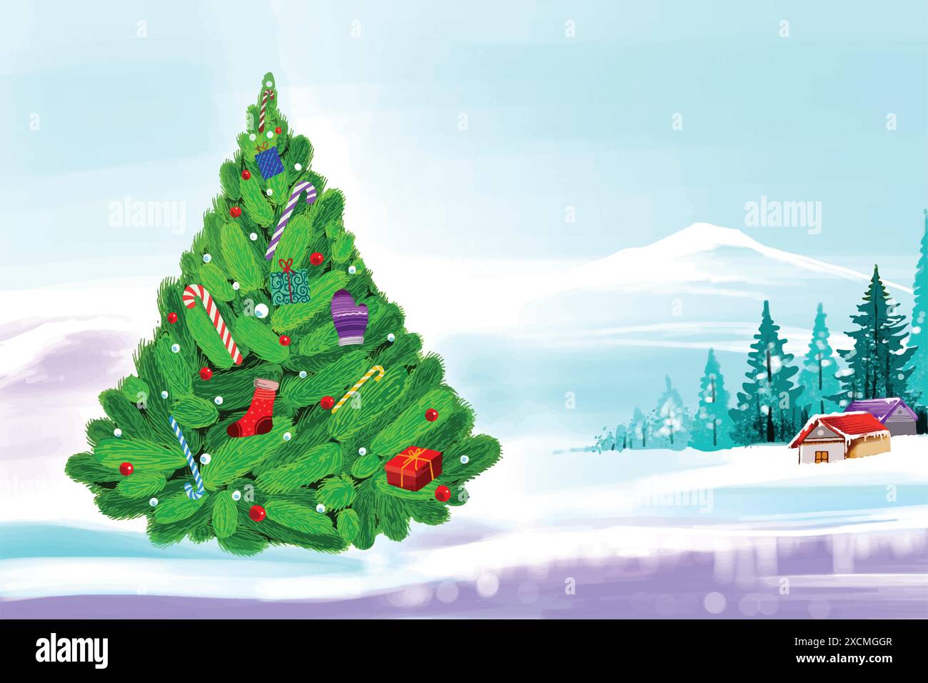 Winter landscape with falling christmas snow and tree holiday card ...