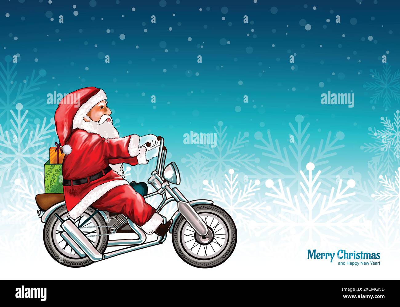 Merry christmas and happy new year with santa claus on riding a bike ...