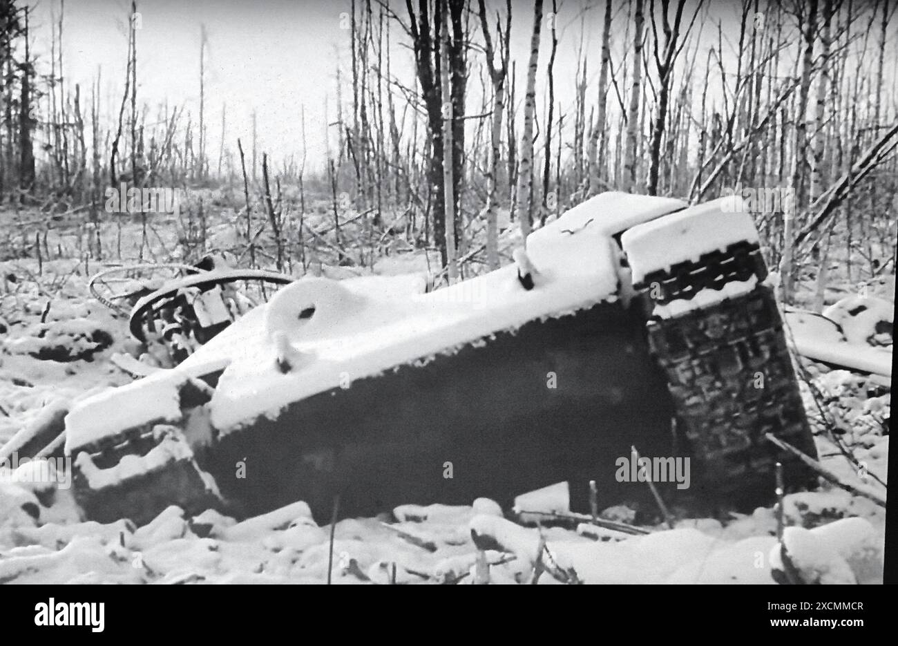 World War Two B&W Screenshot photo. Destroyed T34 Russian Tank in the ...