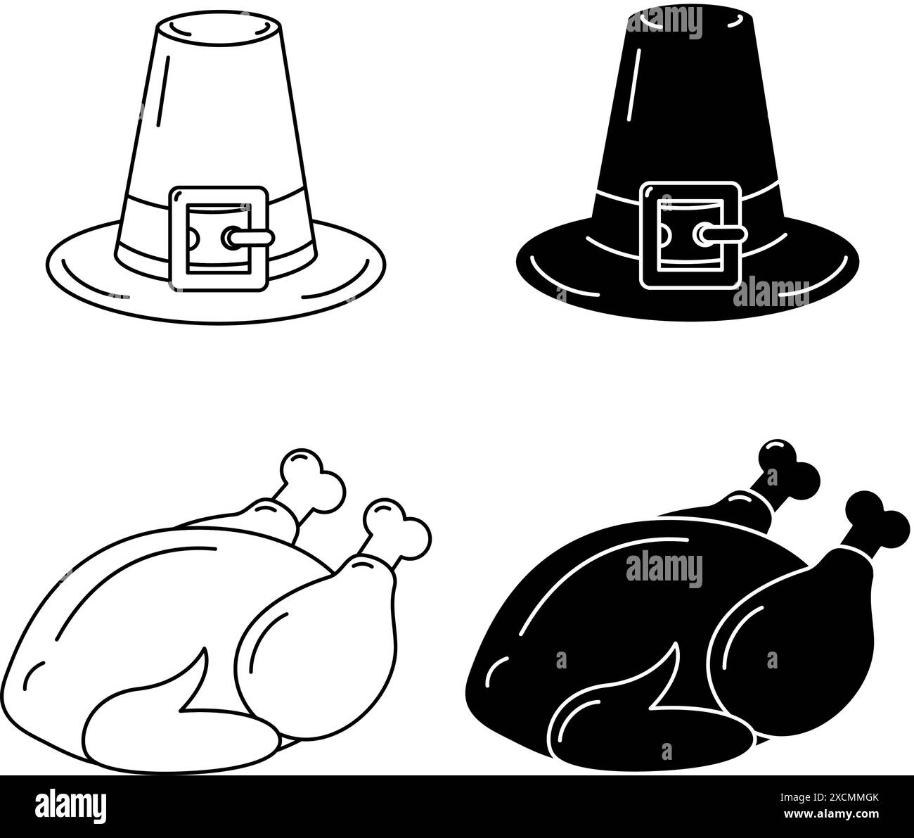 Roasted Turkey and Pilgrim Hat Black and White silhouette and outline ...
