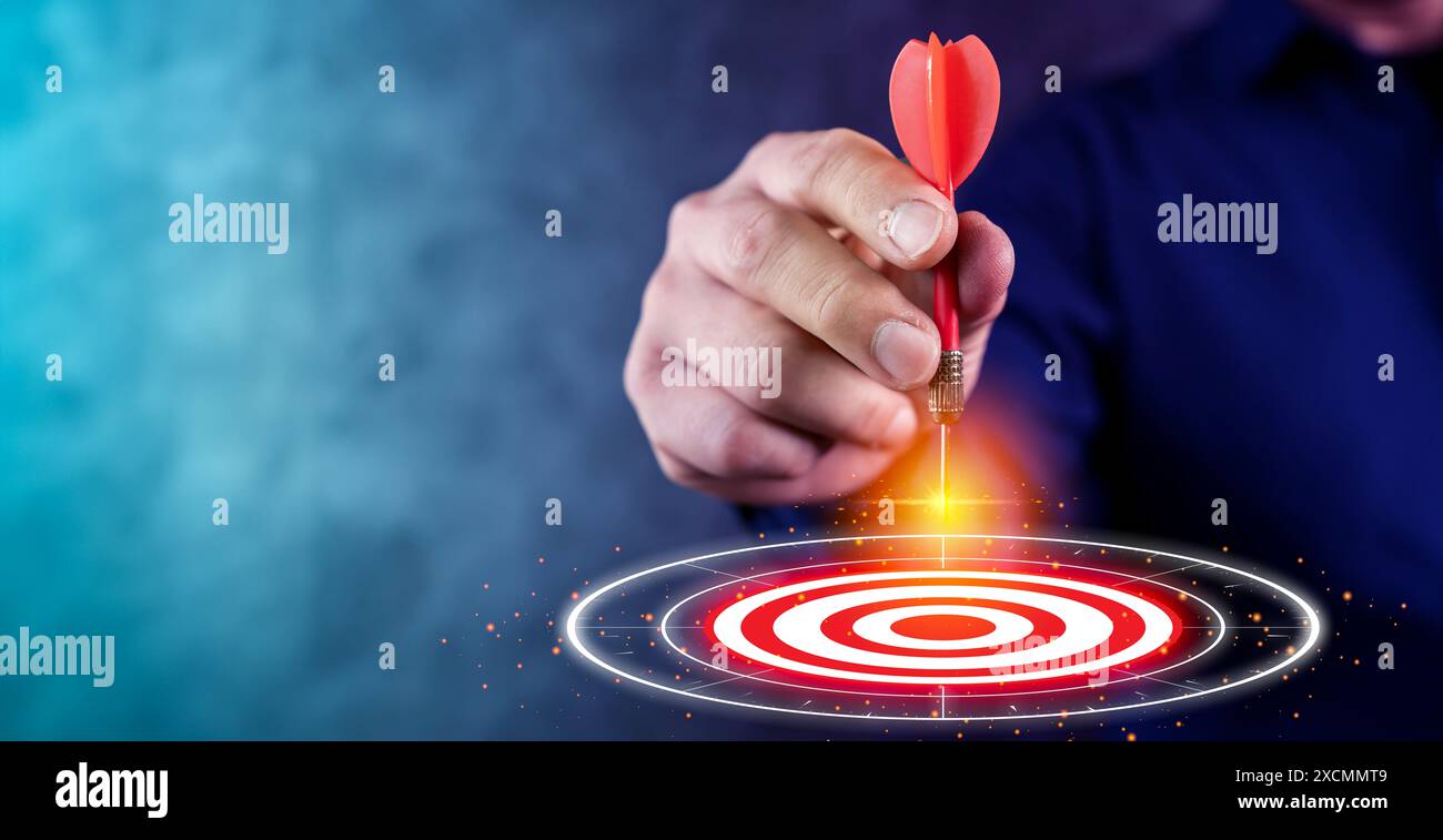 Businessman throwing red arrow dart to virtual target dart board. Setup ...