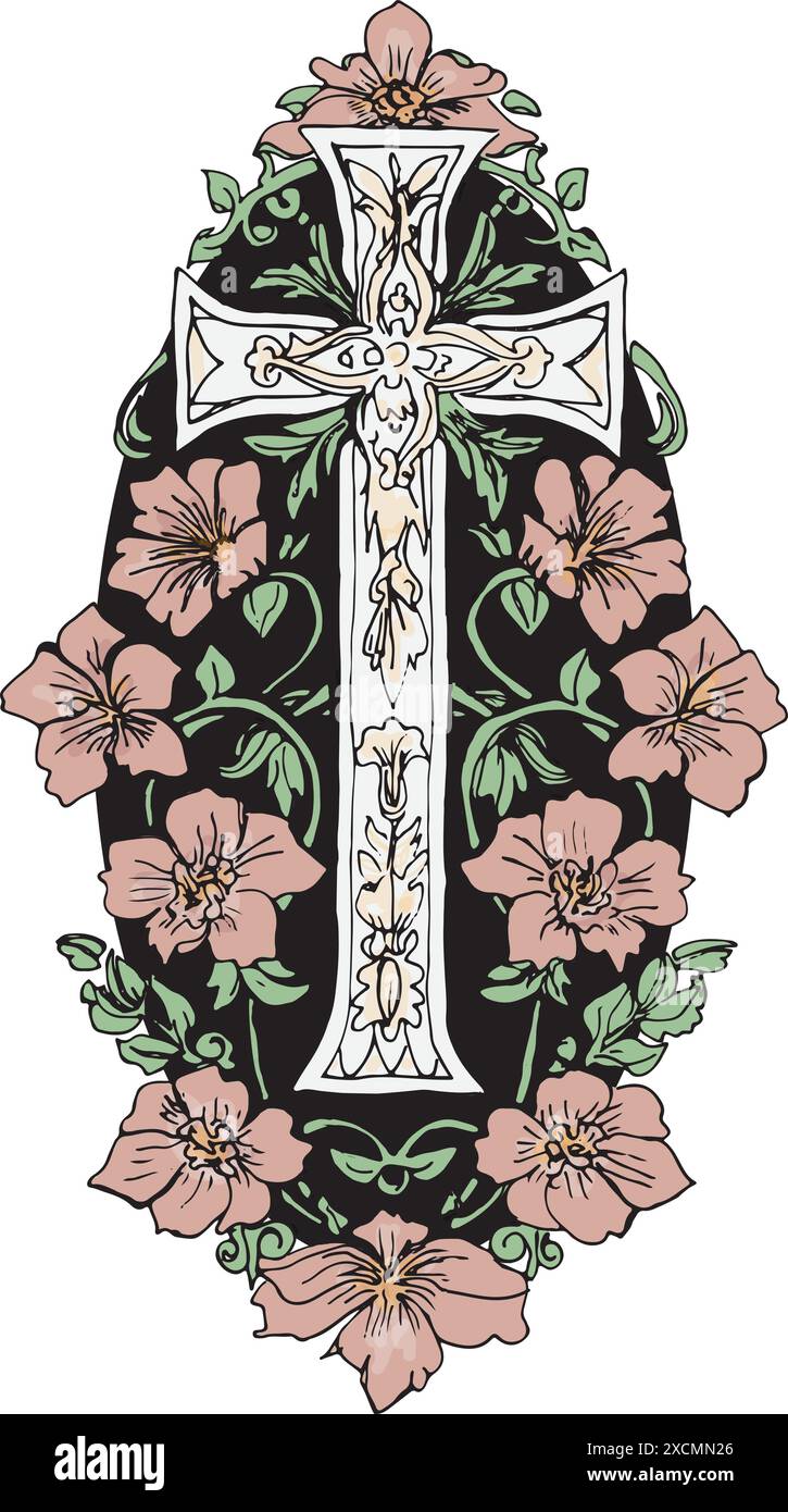 White Christian cross with pink flower surround, background, card ...