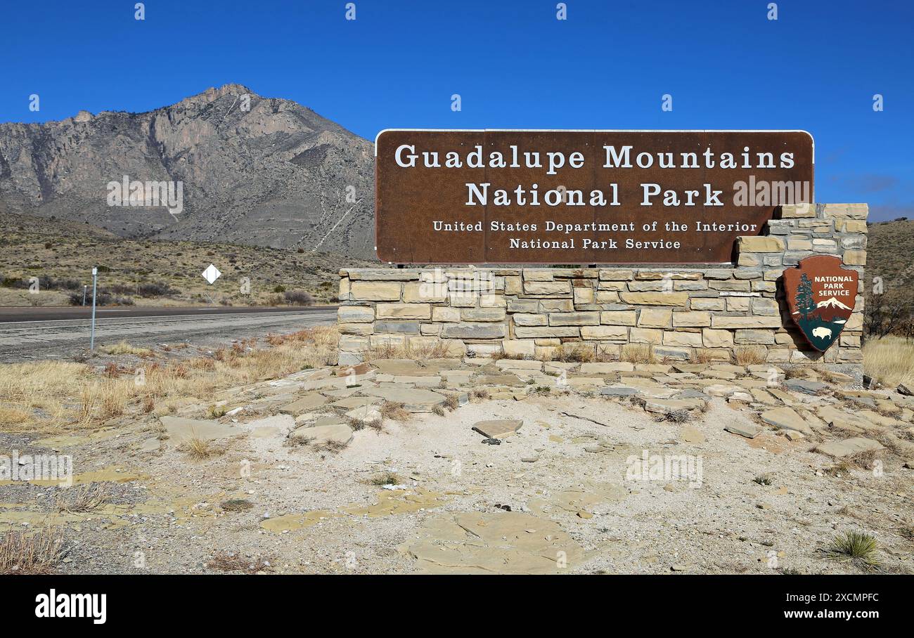 Entrance board to Guadalupe Mountains National Park, Texas Stock Photo ...