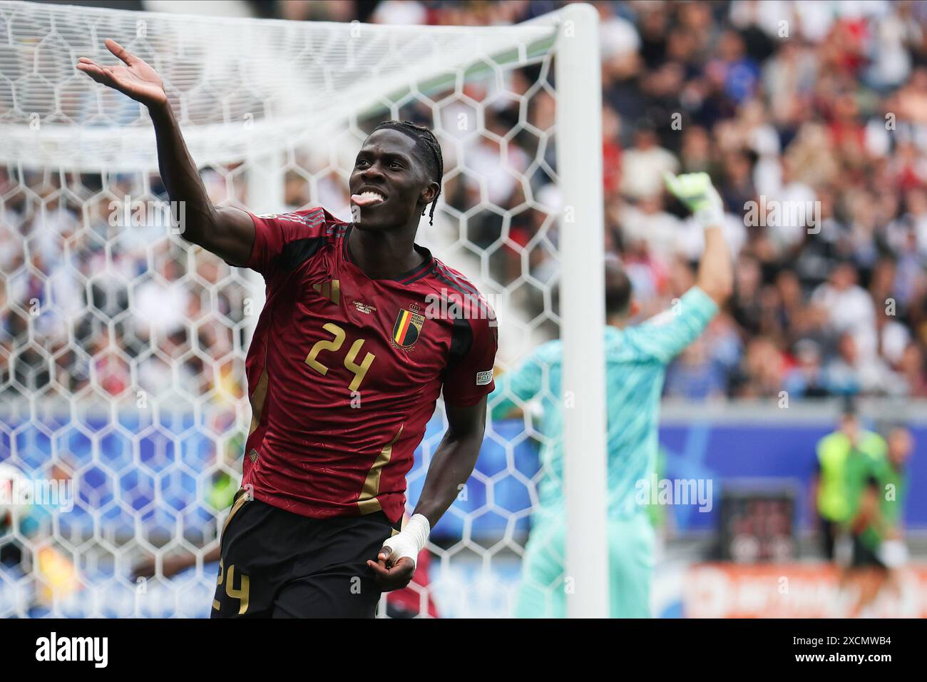 Frankfurt Am Main Germany. 17th June 2024. Amadou Onana of Belgium celebrates after Belgium scores a goal during the UEFA EURO 2024 European Football Championship tournament group E stage match betwee...