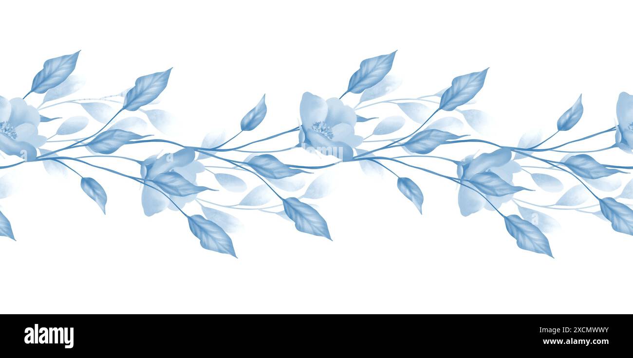 Blue decorative border with flowers, seamless floral pattern Stock ...