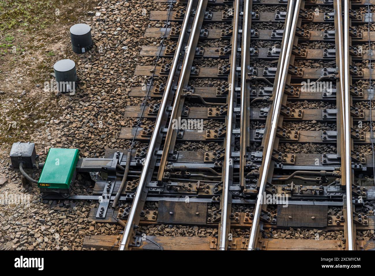 A Pair Of Train Railway Tracks Detail - Junction From Above Stock Photo ...