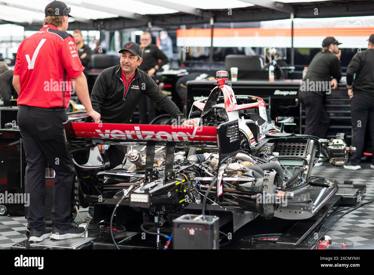 June 08, 2024: IndyCar Team Penske Verizon race car is prepared for the ...